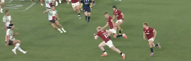 Owen Farrell sets up the first try for the Lions with a great chip kick ...